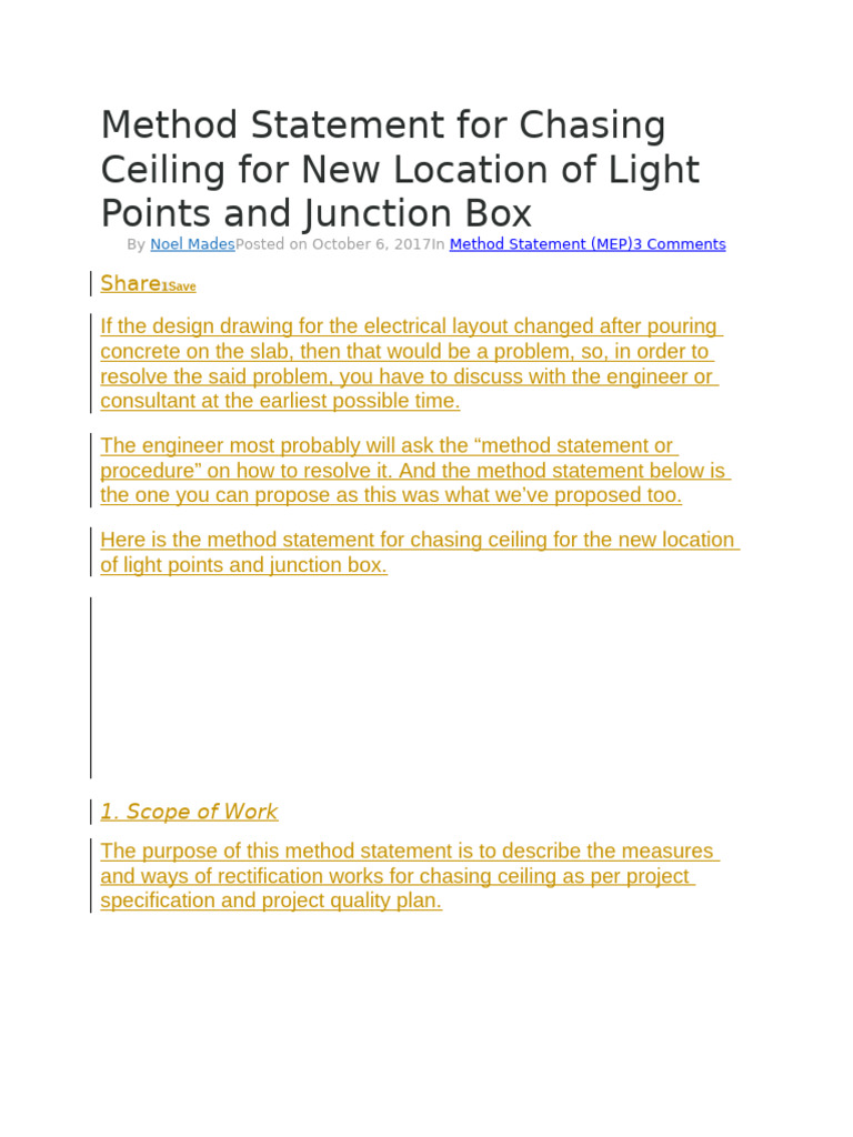 Method Statement For Chasing Ceiling For New Location of Light Points ...