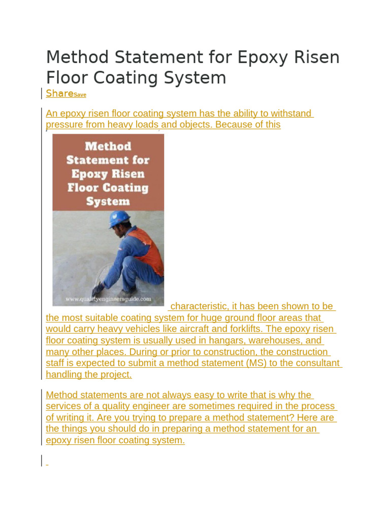 Method Statement For Epoxy Risen Floor Coating System | PDF | Epoxy | Concrete