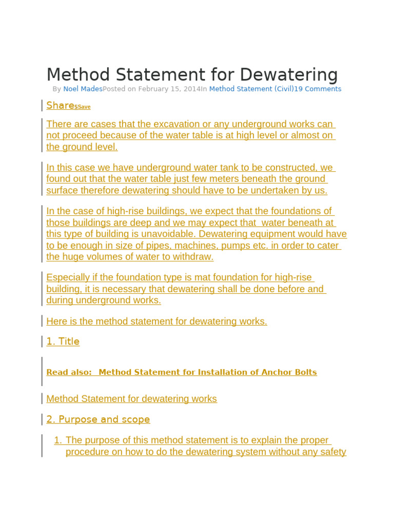 Method Statement For Dewatering Works | PDF | Pump