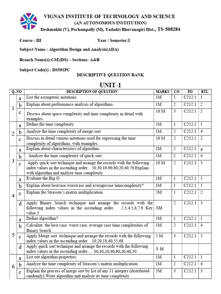 Algorithm Design & Analysis Question Bank | PDF | Time Complexity | Algorithms