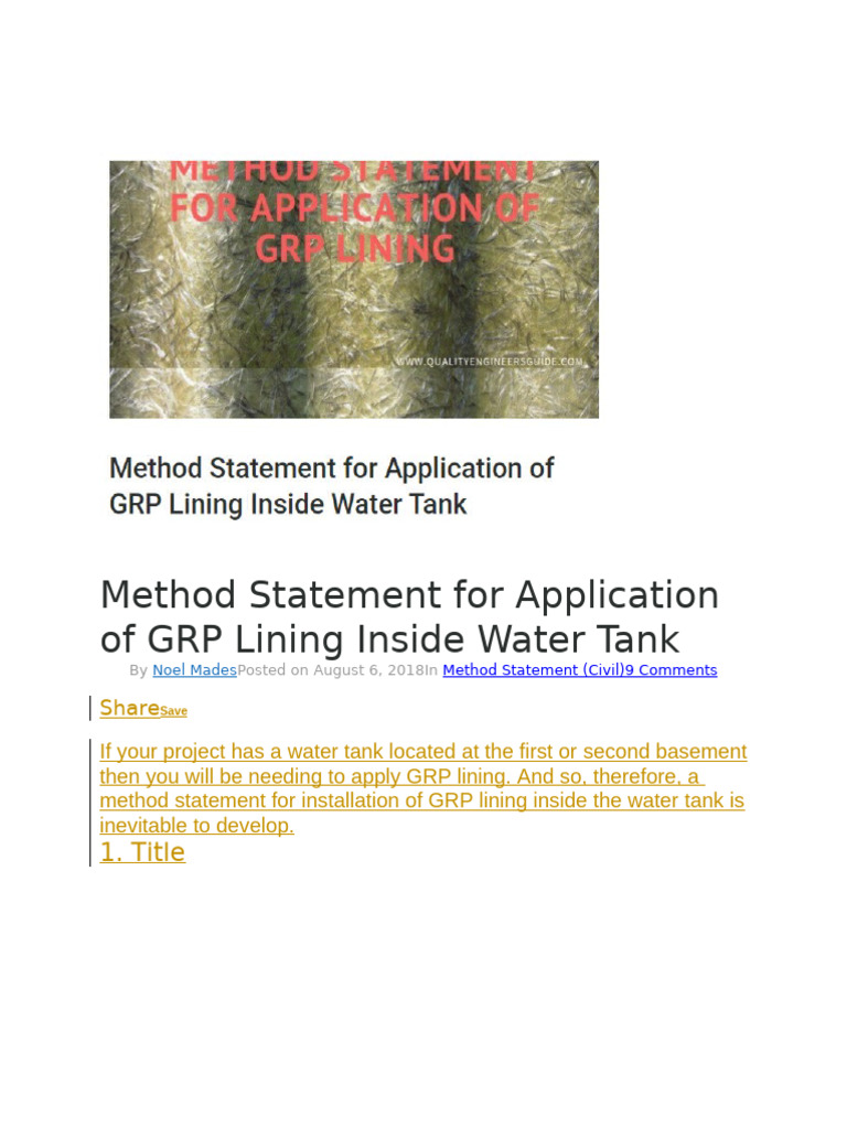 Method Statement For Application of GRP Lining Inside Water Tank | PDF | Fiberglass | Quality ...