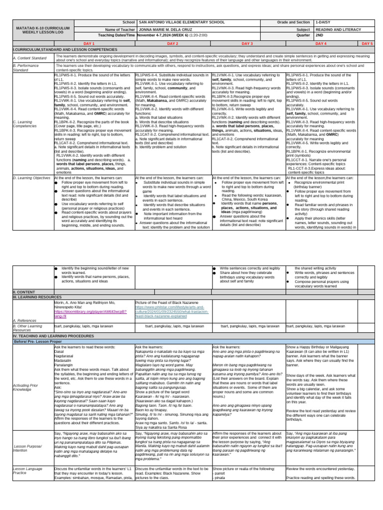 Grade 1 Reading and Literacy Plan | PDF | Vocabulary | Human Communication