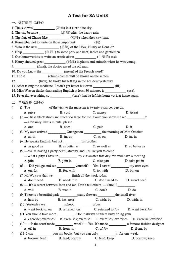 8A Unit 3 Vocabulary and Exercises | PDF