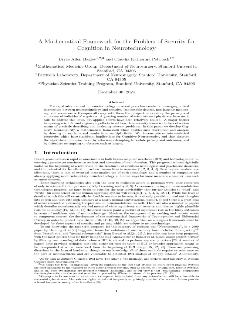 A Mathematical Framework for the Problem of Security for Cognition in Neurotechnology | PDF ...