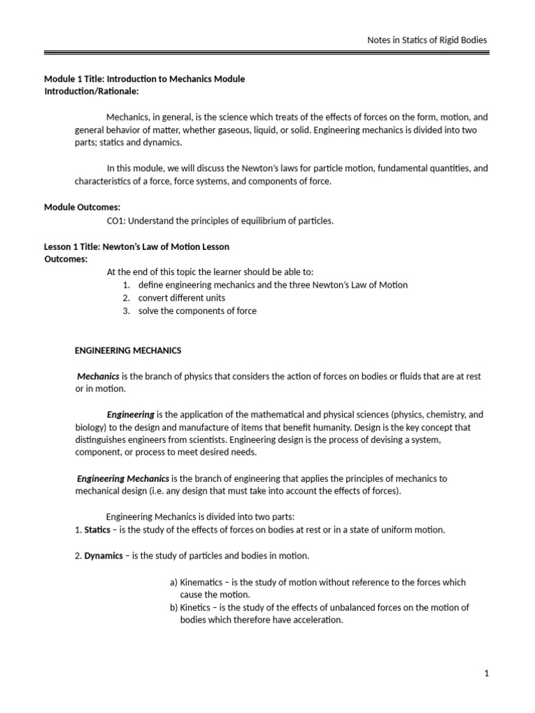 Module 1 Intro To Engrg Mechanics Statics | PDF | Force | Mechanics