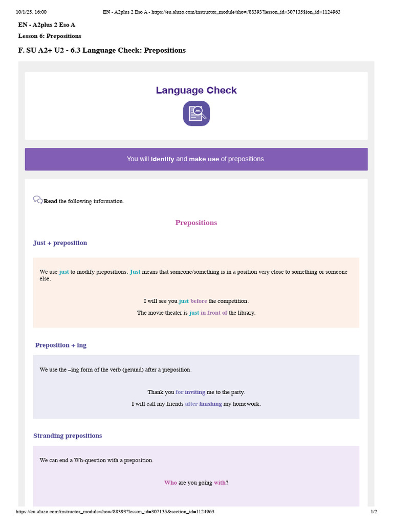 Prepositions for A2+ English Learners | PDF