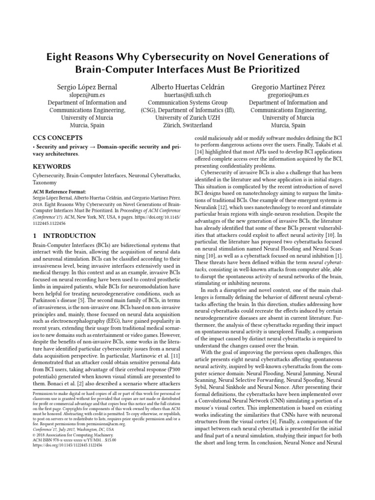 Eight Reasons Why Cybersecurity On Novel Generations Of Brain Computer Interfaces Must Be