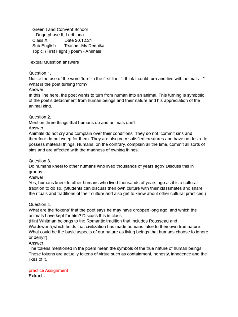 Poem- Animals (Textual question answers) | PDF