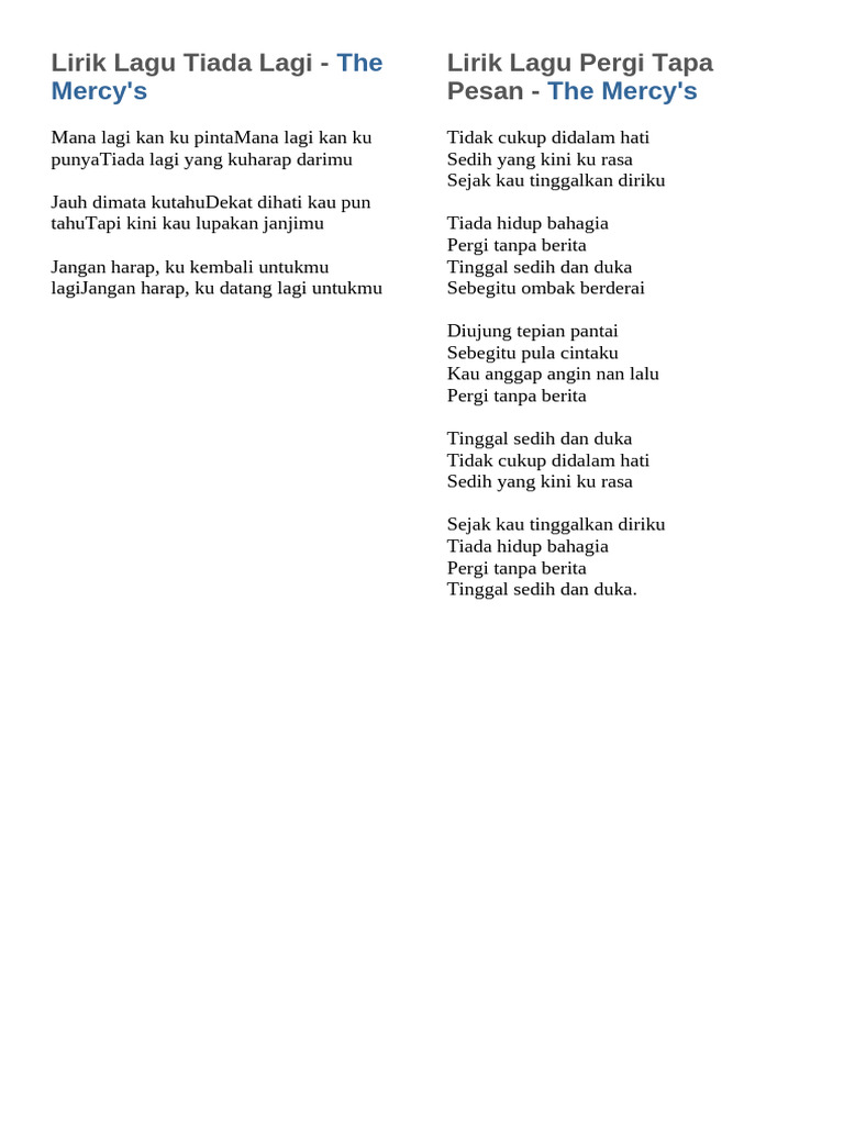 Lirik Lagu Tiada Lagi & Pergi Tanpa Pesan - The Mercy's | PDF