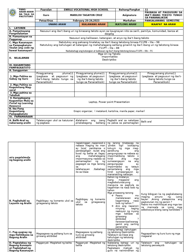 DLL Pagbasa at Pagsusuri No 1 2023 | PDF