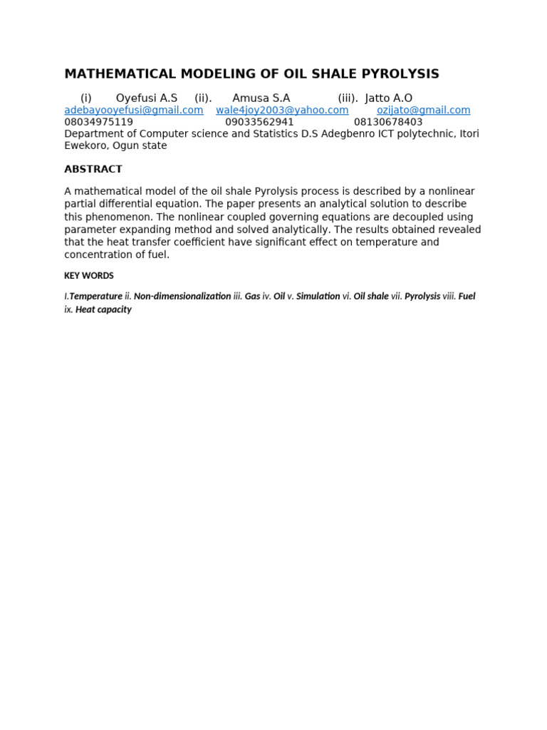 Mathematical Modeling of Oil Shale Pyrolysis | PDF