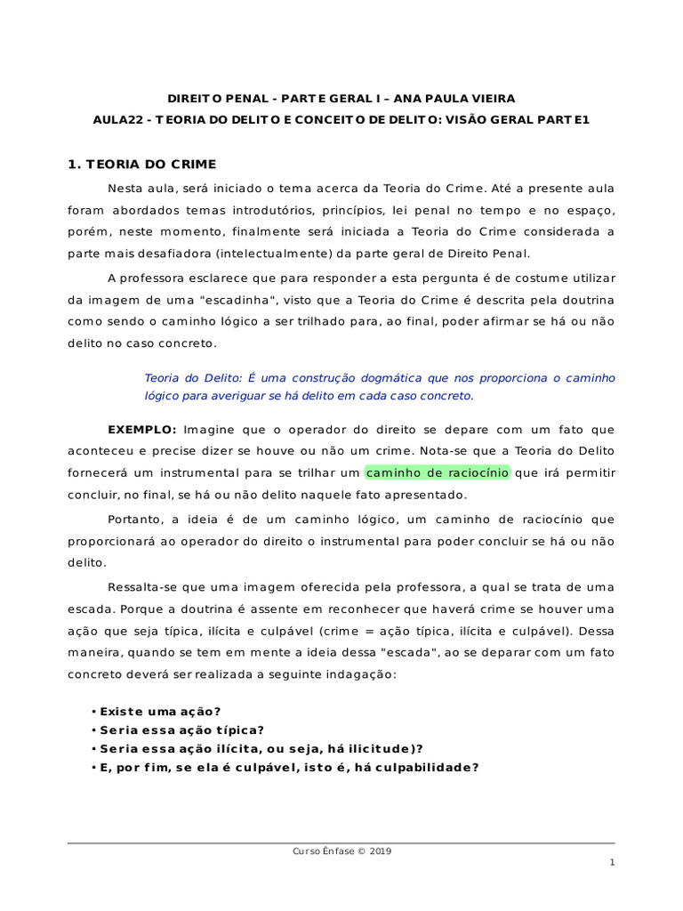 Aula 22 - Teoria Do Delito e Conceito de Delito - Visão Geral Parte1 | PDF | Crimes | Crime e ...