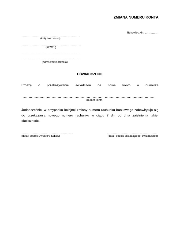Oświadczenie o Zmianie Numeru Konta | PDF