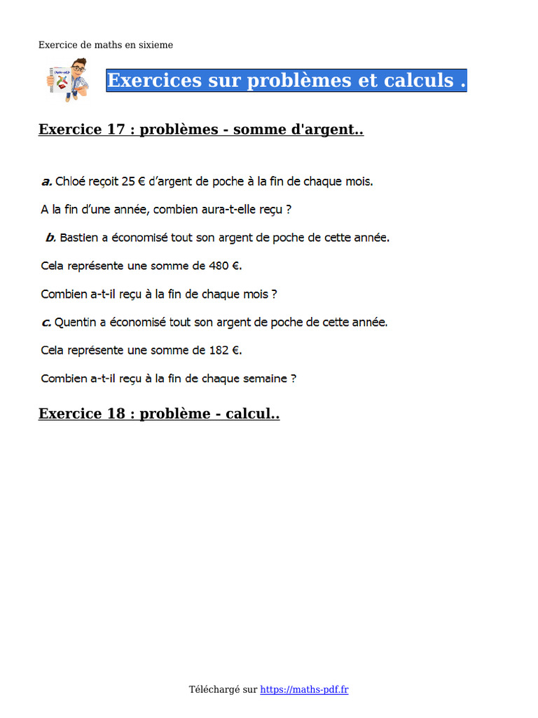 Problèmes de maths pour 6ème à imprimer | PDF