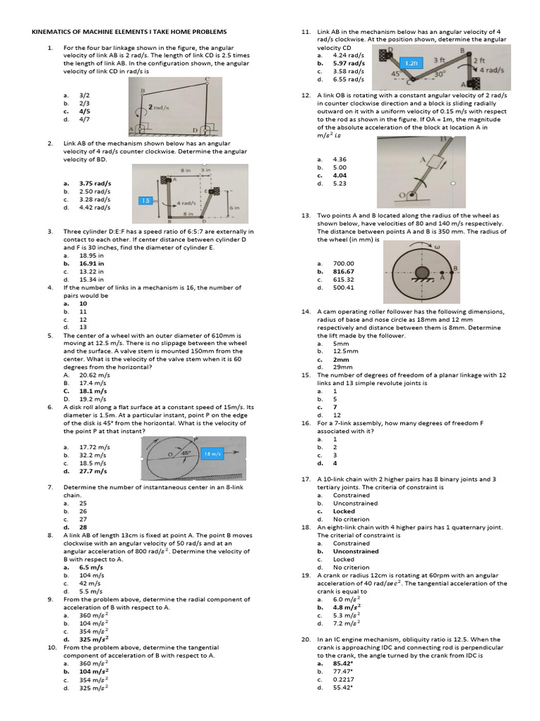 Kinematics of Machine Elements Take Home Problems | PDF | Acceleration | Velocity