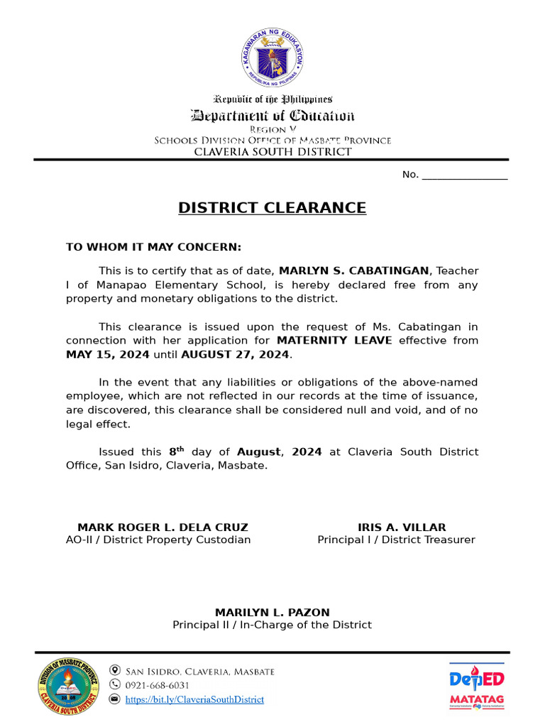 District Clearance for Maternity Leave | PDF