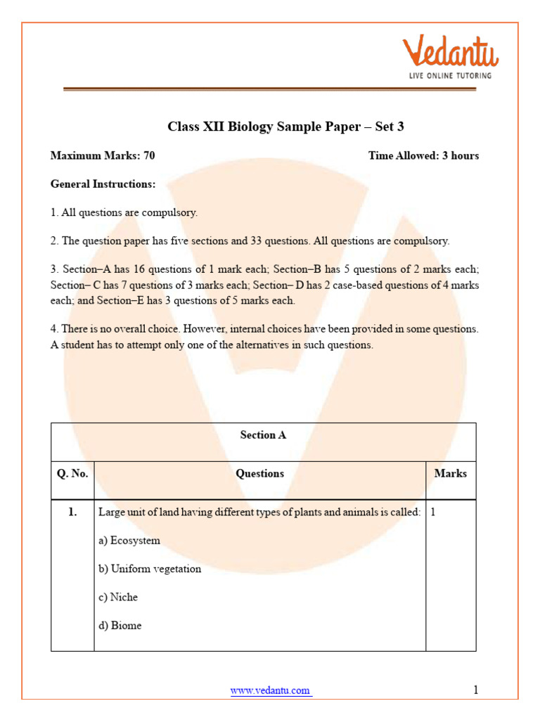 CBSE Class 12 Biology Sample Papers (Set 3) With Solutions – 2024-25 (1 ...