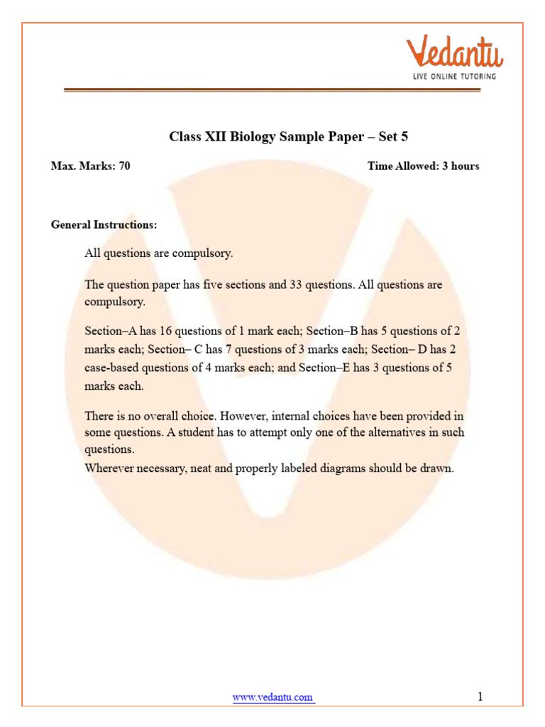 CBSE Class 12 Biology Sample Paper Set 5 (2024-25) With Solutions PDF ...