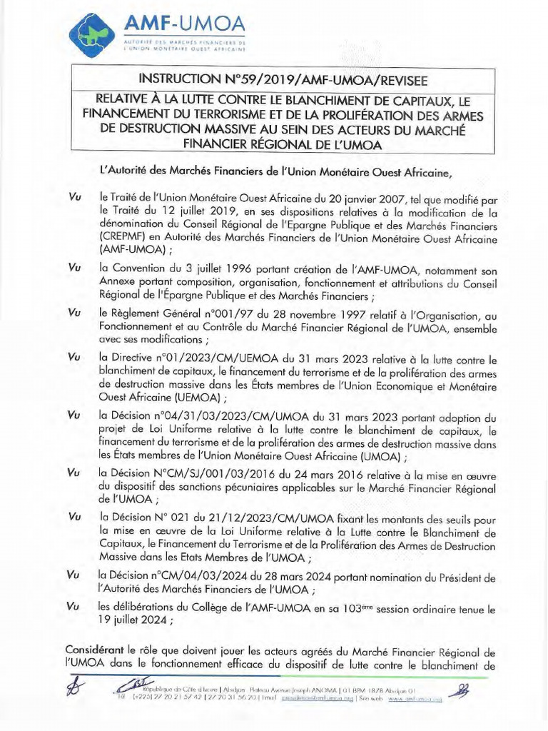 Instruction N°59 - 2019 - AMF-UMOA - REVISEE | PDF