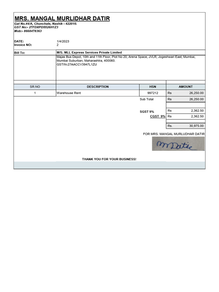 Invoice for Warehouse Rent - Mangal Datir | PDF