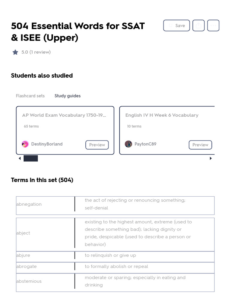 504 Essential Words for SSAT & ISEE (Upper) Flashcards _ Quizlet | PDF | Shame