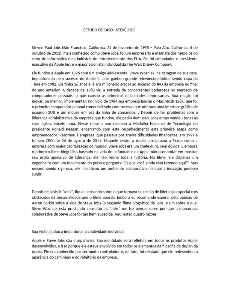 ESTUDO DE CASO steve jobs | PDF | Steve Jobs | Apple Inc.