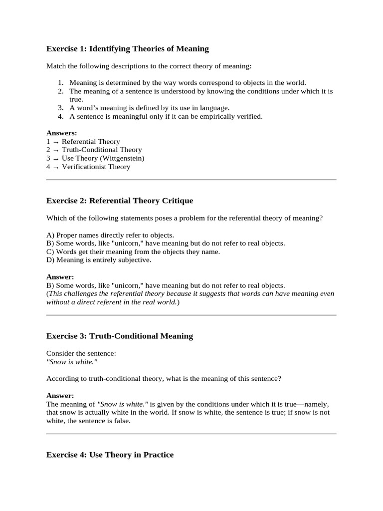 Theories of Meaning Exercises | PDF