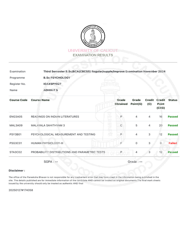Calicut University B.Sc Psychology Results | PDF