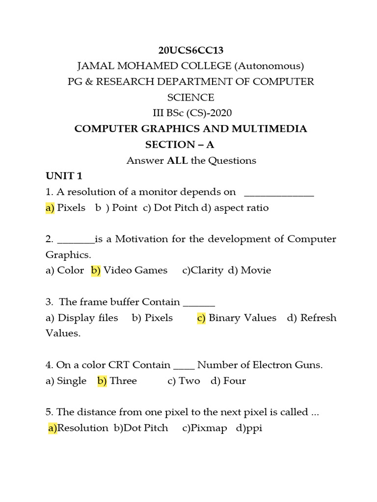 Computer Graphics Exam Questions | PDF | Display Resolution | Pixel