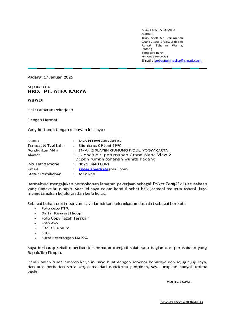 Lamaran Kerja Driver Tangki | PDF