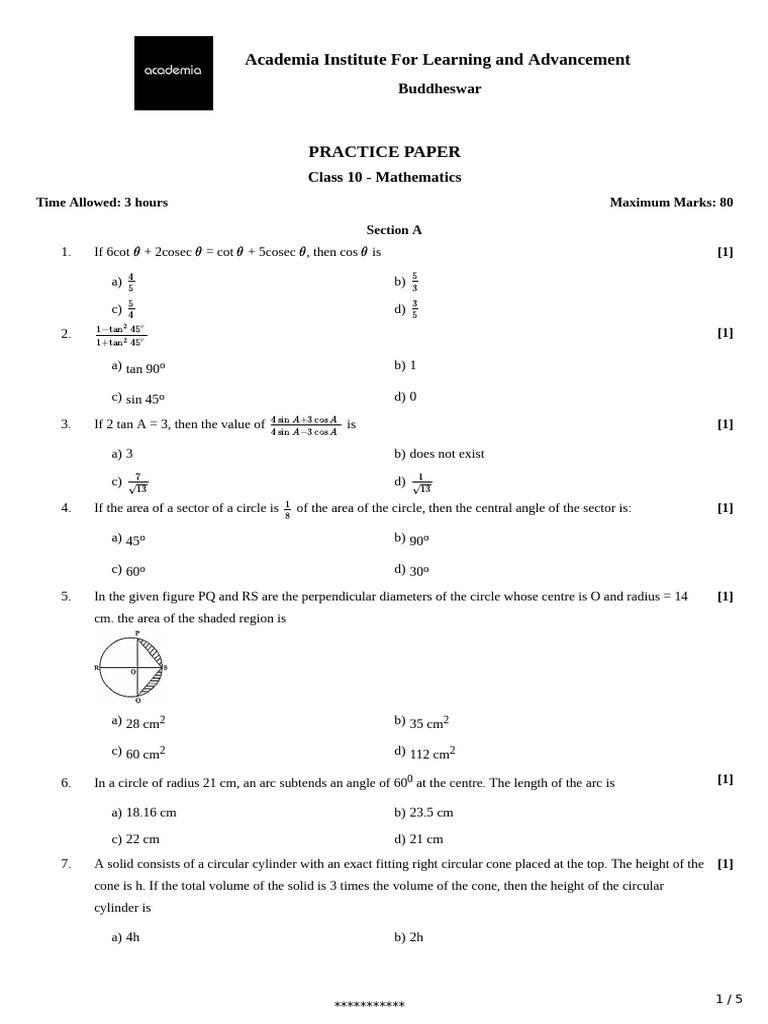 Maths Practice Sheet Class 10 | PDF | Circle | Sphere