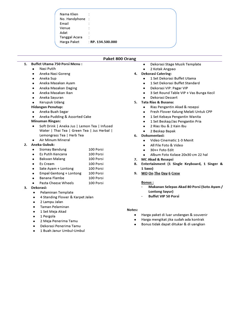 Paket 800pax Heis Wedding GKM Venue | PDF | Foods | Cuisine