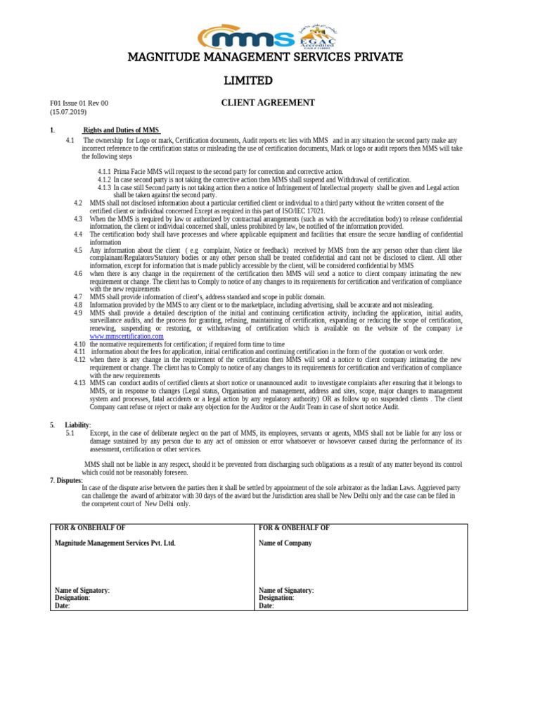 MMS Client Agreement Overview | PDF | Audit | Certification