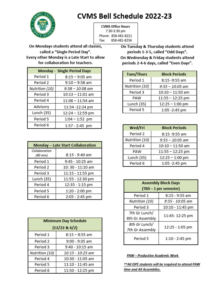 CVMS 2022-23 Bell Schedule | PDF