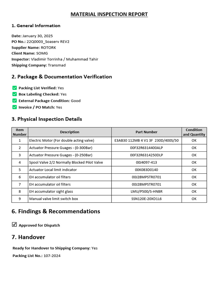 Material Inspection Summary | PDF