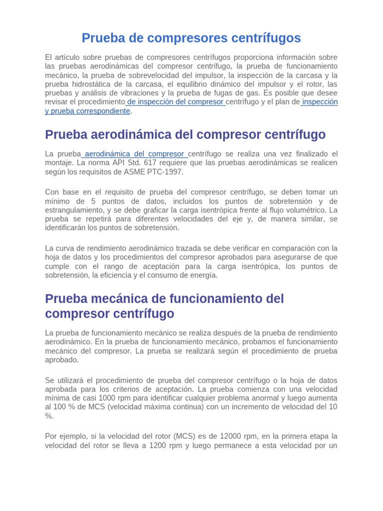 Pruebas de Compresores Centrífugos | PDF | Rodamiento (Mecánico) | Temperatura
