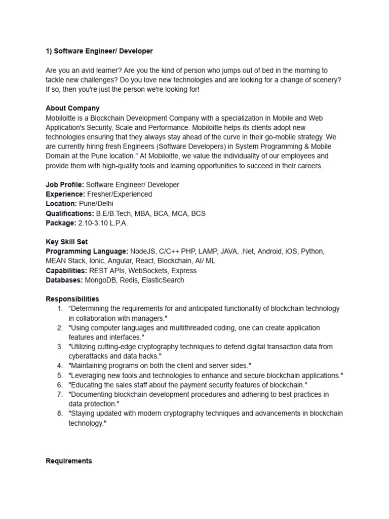 Fresher JD - Software Developer | PDF | Computing | Information Technology