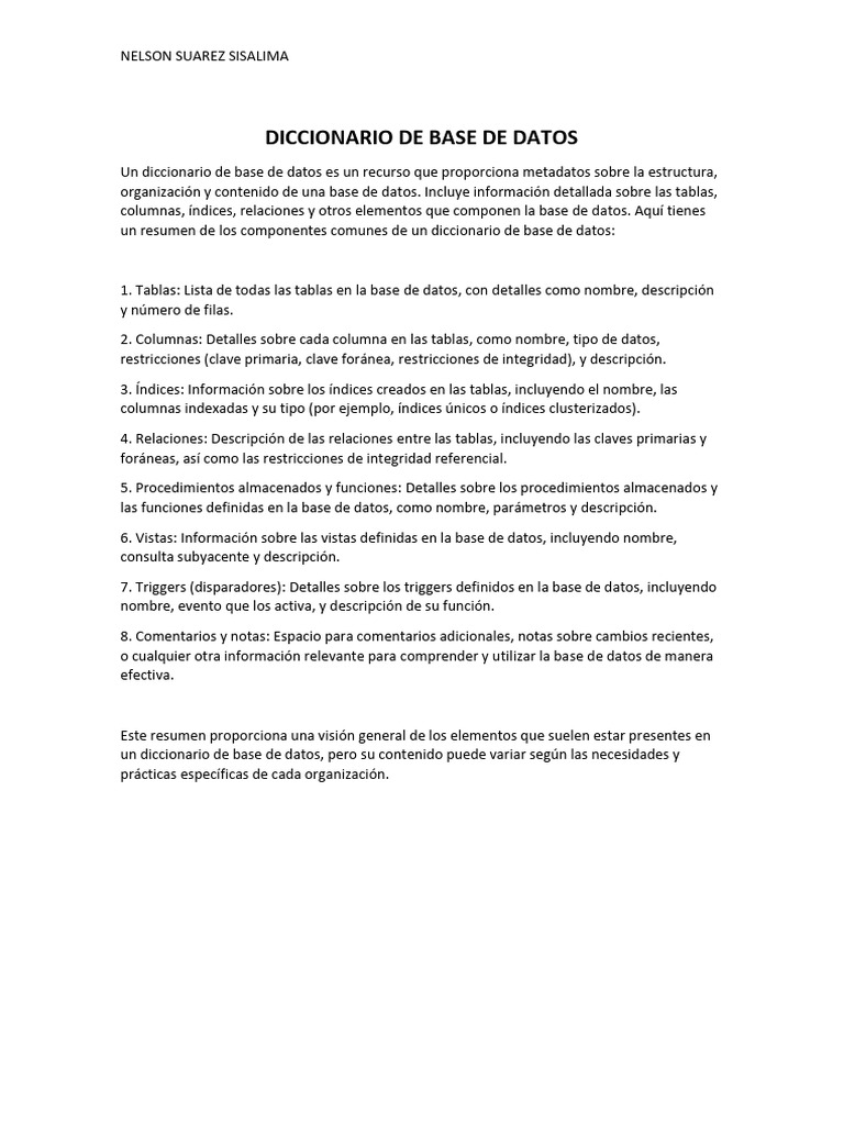 Diccionario de Base de Datos | PDF