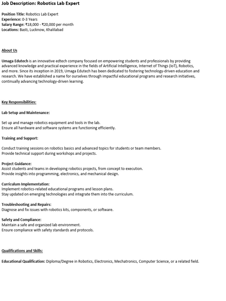 Job Description - Robotics Lab Expert | PDF