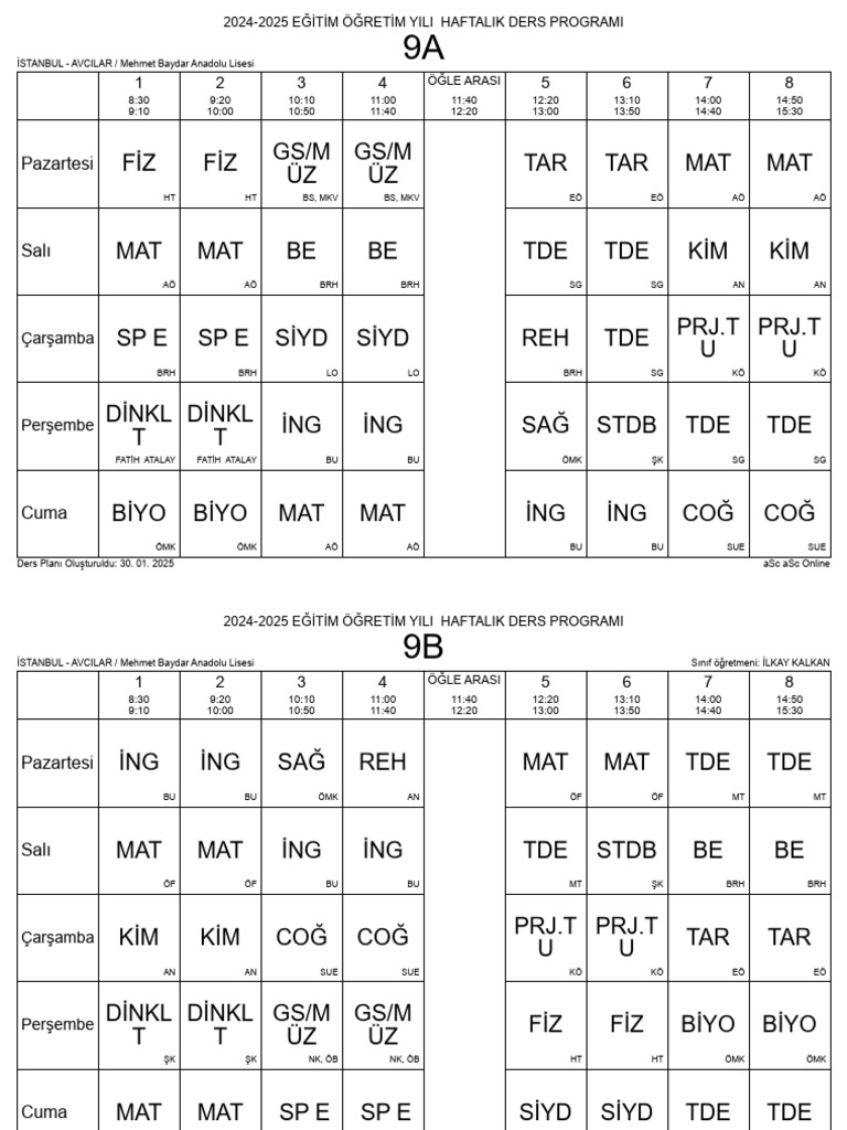 2025 OCAK AYI SINIF DERS PROGRAMI | PDF