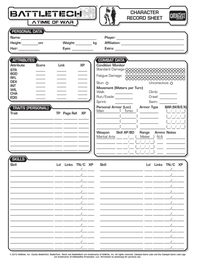 BattleTech 35005a - A Time of War Record Sheet | PDF | Battle Tech | Gaming