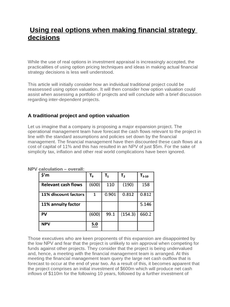 Real Options in Financial Strategy | PDF | Net Present Value | Option ...