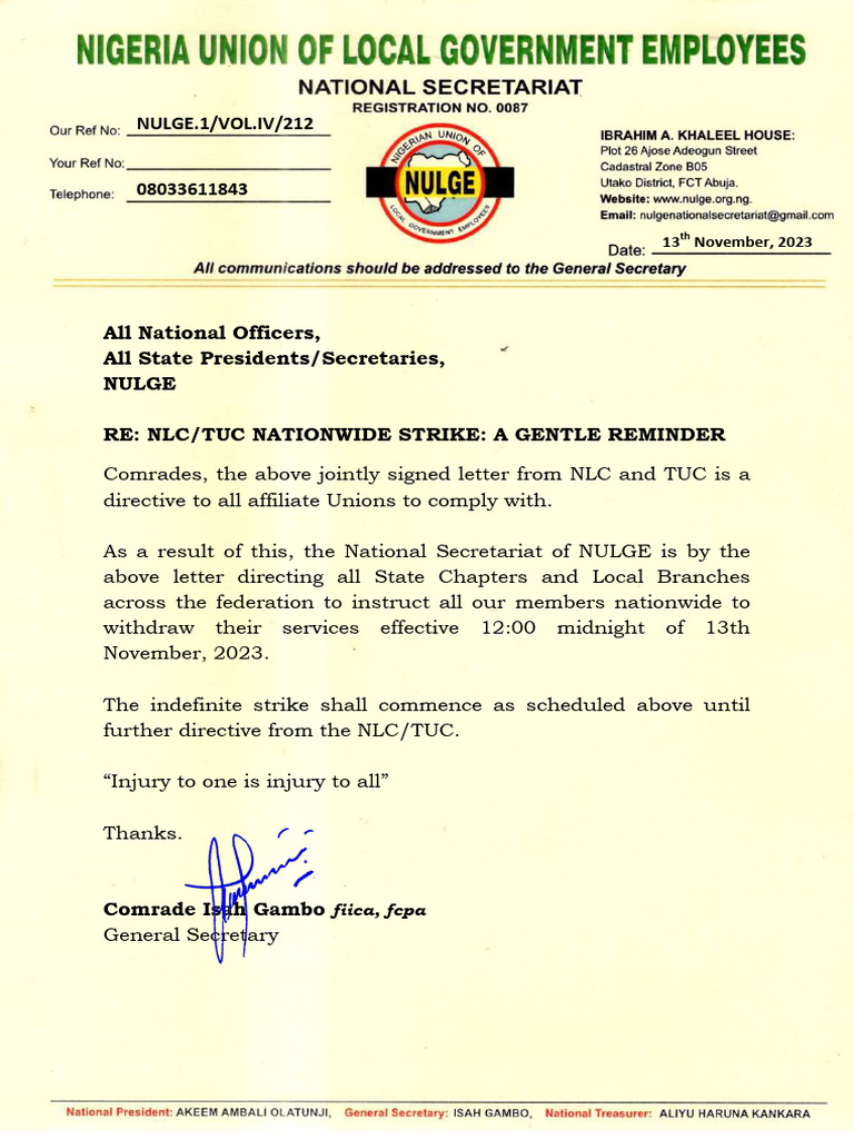 NLC TUC Strike Directive | PDF