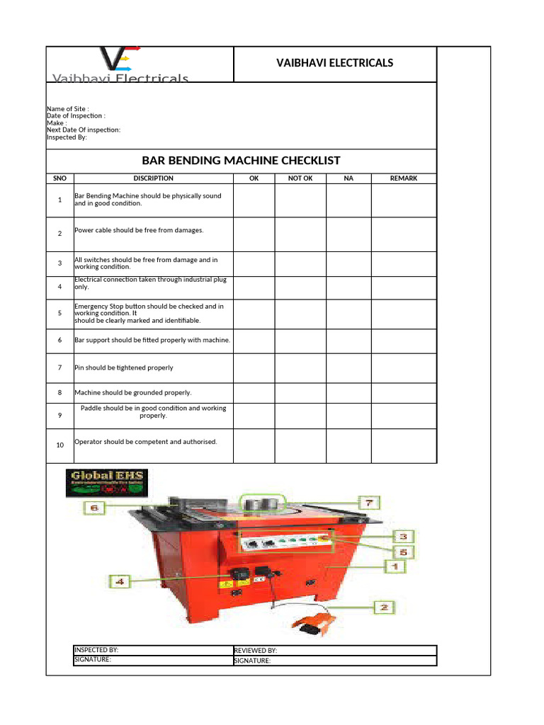 Bar Bending Machine Checklist | PDF