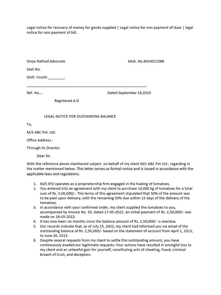 Legal Notice For Recovery of Money For Goods Supplied | PDF | Interest ...