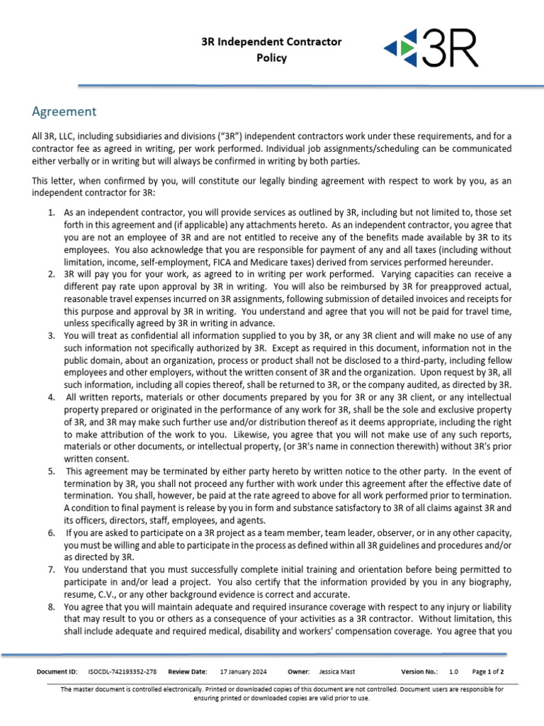 3R - Independent Contractor Agreement | PDF | Employment | Indemnity