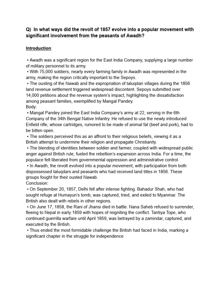 Q) in What Ways Did The Revolt of 1857 Evolve Into A Popular Movement ...