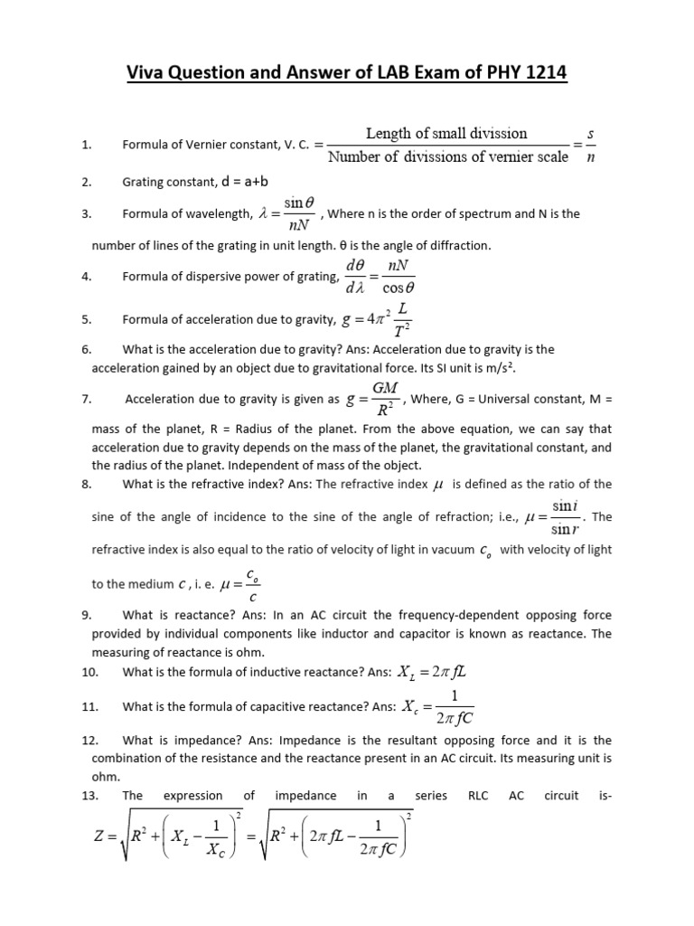 Viva-Question-PHY 1214 | PDF | Electrical Impedance | Electrical Engineering