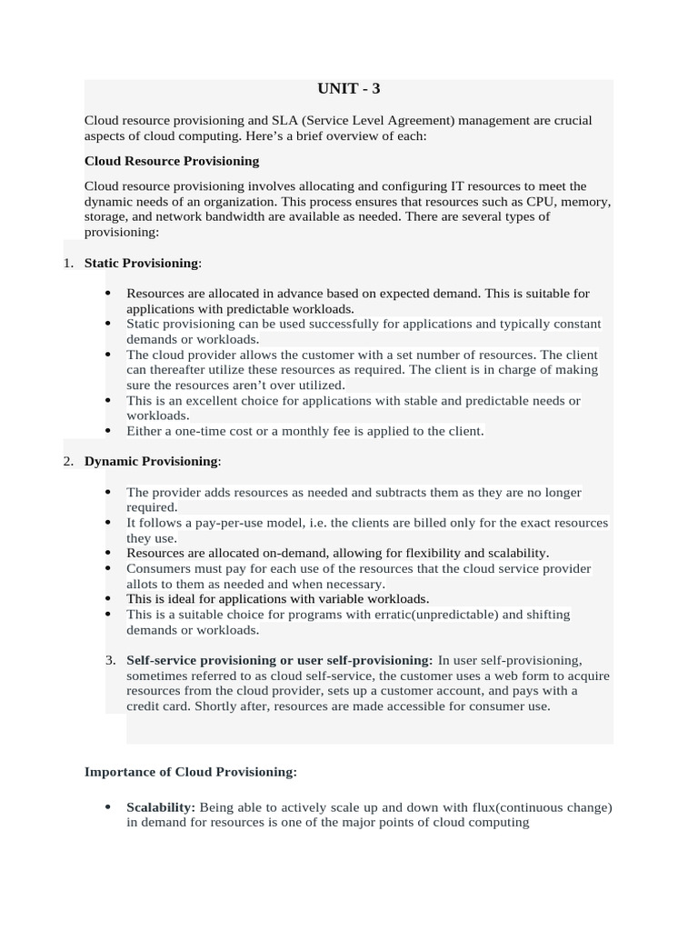 Unit-3 Cloud Resource Provisioning and SLA | PDF | Cloud Computing ...