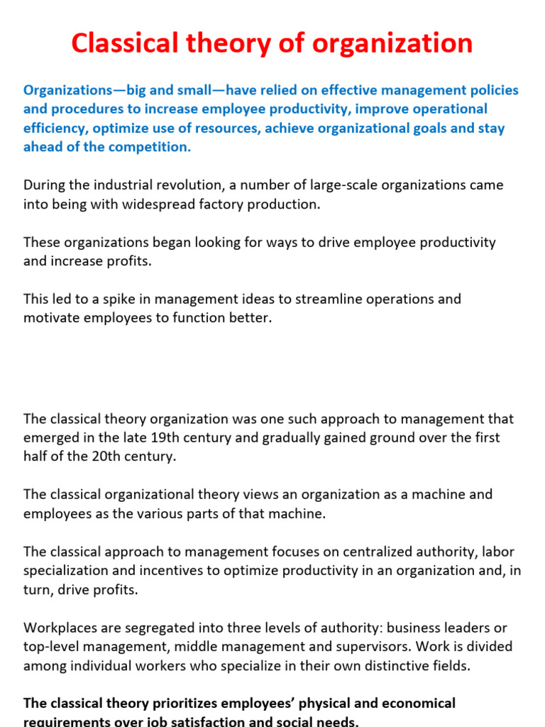 Classical Organization Theory Explained | PDF | Bureaucracy | Business
